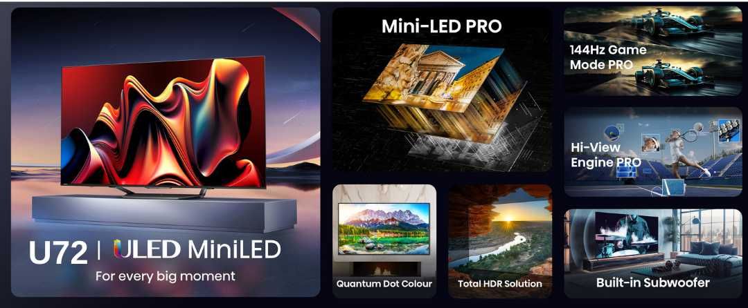 Hisense 65U72NQ - טלוויזיה חכמה MiniLED 4K | יבואן רשמי